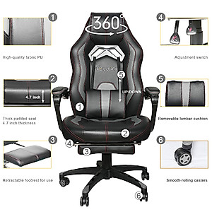 Massage Gaming Chair Racing ,Office Chair Video Game Chair,High Back PU Leather PC Racing Computer Desk Office Swivel Recliner with Retractable Footrest and Adjustable Lumbar Cushion Support (Grey)