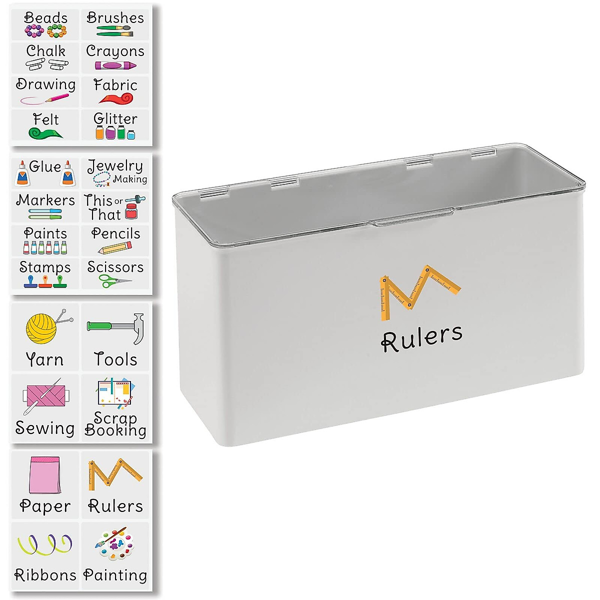 mDesign Stackable Plastic Craft, Sewing, Crochet Storage Container Box with Lid - Compact Organizer and Holder for Thread, Beads, Ribbon, Glitter, Clay - Includes 32 Labels - Light Gray/Clear