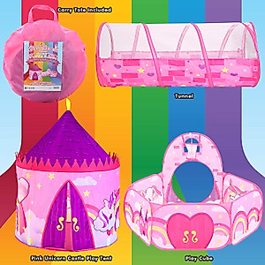 JOYIN Girls Unicorn Princess Pink Castle Play Tent with Pop Up Play Tent, Tunnel and Playhouse with Ball Pit Kids Indoor Outdoor Play Tent Set