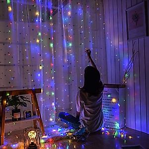 Solar Curtain String Lights Outdoor, AMZSTAR Waterproof 300LED Fairy Window String Lights Twinkle Solar Lights 8 Modes Wedding Party Home Garden Bedroom Outdoor Indoor Wall Decorations (Multicolor)