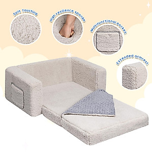ALIMORDEN Fold Out Toddler Couch, Extra Wide Comfy 2-in-1 Cuddly Sherpa Sofa for Kids, with Removable Baby Friendly Blanket, Convertible Sofa to Bed, Light Grey