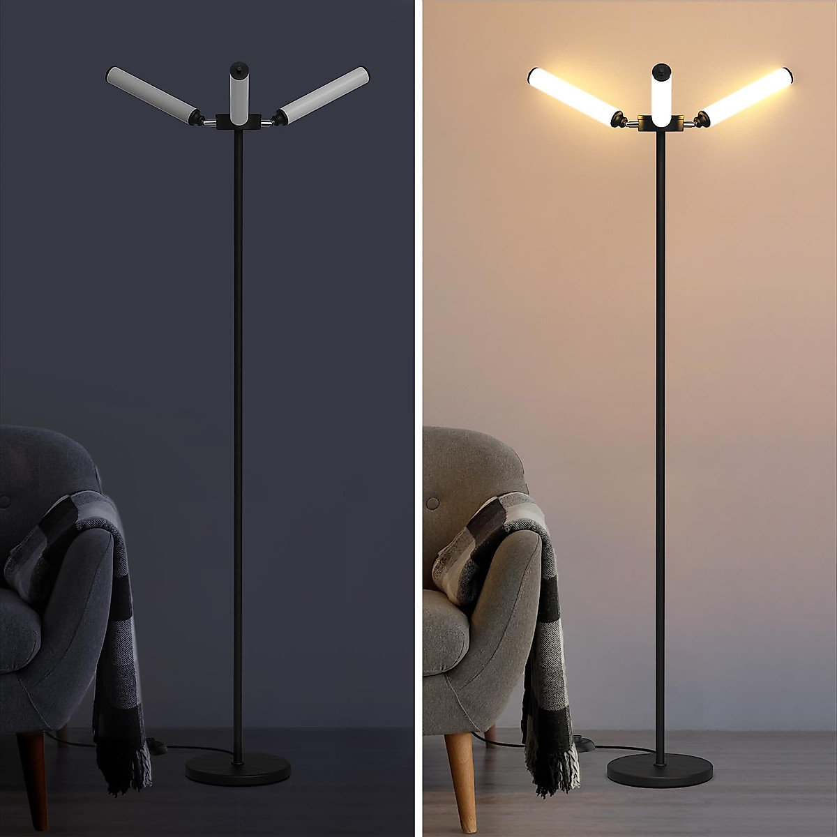 Alldio Torchiere Floor Lamps, Modern Bright Floor Lamp for Living Room, Multi-Head Standing Light with Foot Switch, LED Tall Lamp for Bedroom, Office (Black)