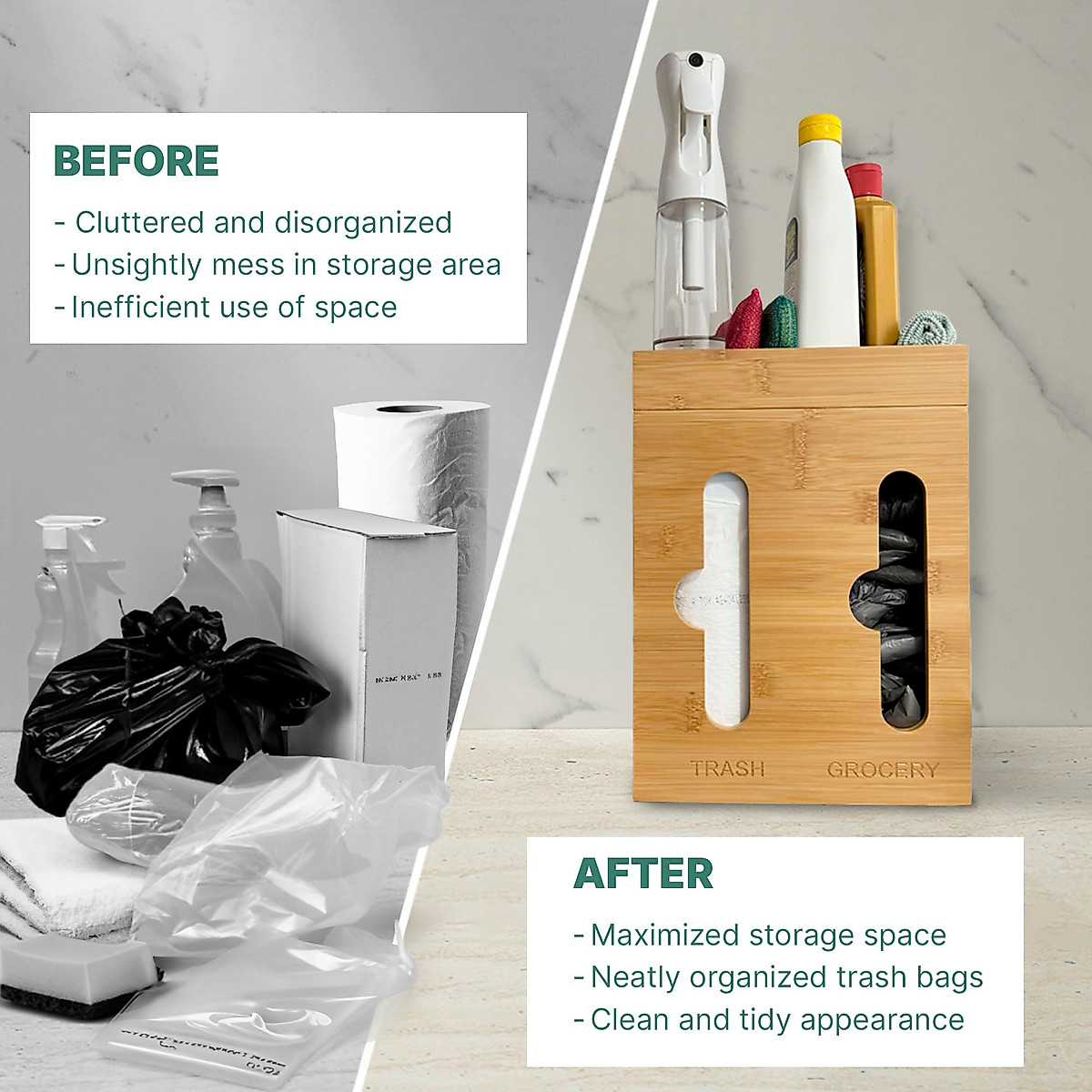 Trash and Grocery Bag Dispenser - Bamboo Trash Bag Dispenser - Under Sink Storage Organizer - Trash Bag and Grocery Bag Holder - Garbage Bag Organizer - Kitchen Trash Bag Organizer - Sink Organizer