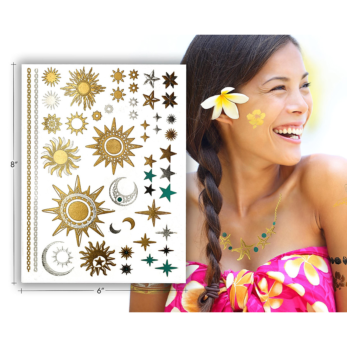 Terra Tattoos Gold Metallic Tattoo Flash Sheets Designs of Seashells, Sun, Flowers & more! Face Tattoos for Women Waterproof Nontoxic Long Lasting 75+ Designs for Vacation, Festivals Parties - Gold