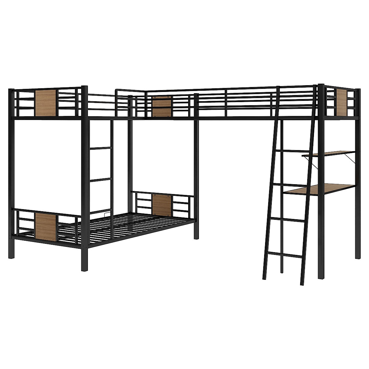 GLORHOME Twin-Over-Twin Triple Bed Metal Bunk Bed + Loft Bed with Desk and Shelf, Space Saving Bedroom Furniture