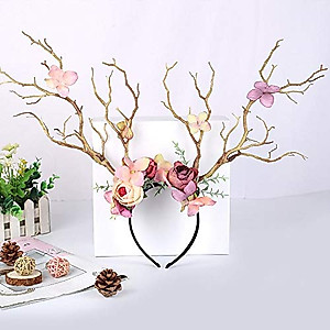 XIDAJIE Deer Antler Flower Crown Headbands Halloween Chritmas Long Antler Flower Branches Headband Props Horns Headpieces Hair Band Photo Shoot Forest Goddess Headdress Headwear, Light Brown
