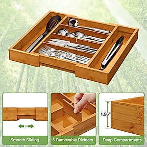 Pipishell Bamboo Expandable Drawer Organizer, Adjustable Silverware Organizer with Removable Dividers, Cutlery Tray Perfect for Kitchen, Bathroom, Office, Bedroom