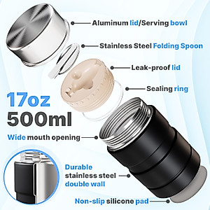 Earth&ME Stainless Steel Thermo For Hot Food 17OZ with Folding Spoon, Vacuum Insulated Food Container, Soup Thermo with Wide Mouth, Insulated Food Jar for Hot & Cold Food, Matte Black