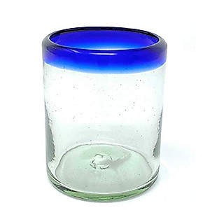 Hand Blown Mexican Drinking Glasses - Set of 6 Tumbler Glasses with Cobalt Blue Rims (10 oz each)