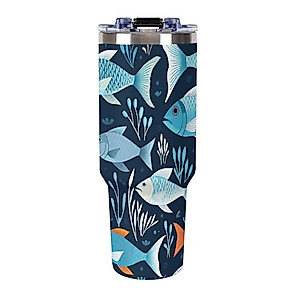 LPSADGF Fishes Pattern Insulated Stainless Steel Travel Mug, 40 Oz Tumbler with Handle And Straw Double-Wall Vacuum Coffee Cup, Leak-Proof Lid, Keeps Drinks Hot/Cold for Hours
