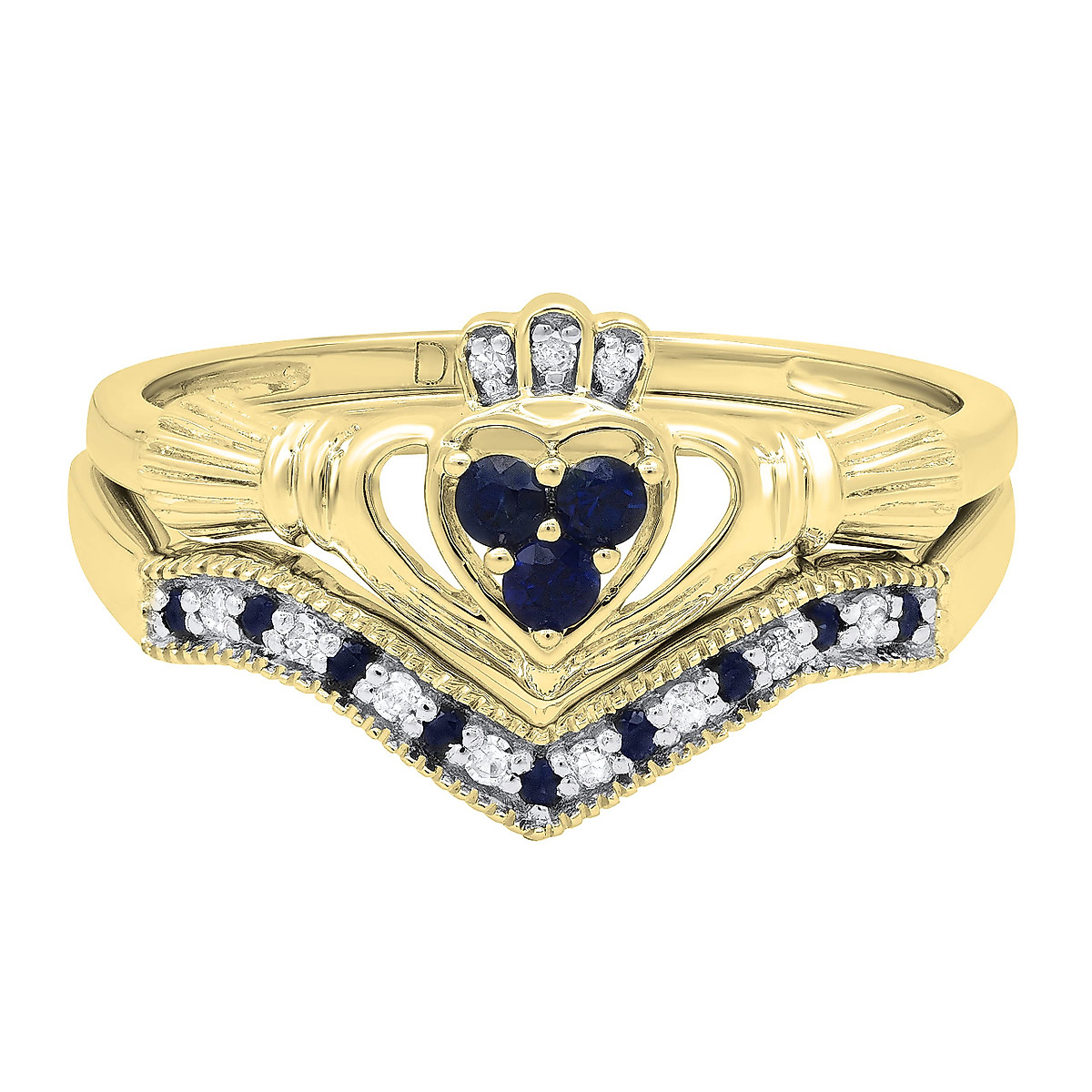 Dazzlingrock Collection 10K Round White Diamond & Blue Sapphire Bridal Heart Shape Engagement Set, Yellow Gold, Size 9
