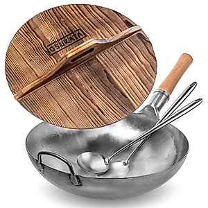 YOSUKATA Silver Round Bottom Wok Pan – 14" Woks and Stir Fry Pans + Cast Iron Wok Cover - Premium Wok Cover 14 inch Pan Lid + Wok Spatula and Ladle - Set of 2 Heat-Resistant Wok Tools