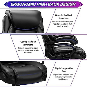Big and Tall Office Chair 500lbs Large Heavy Duty High Back Executive Computer Office Desk Chair Height Adjustable Rocking Function Wide Thick Seat Ergonomic Desk Chair with Lumbar Back Support