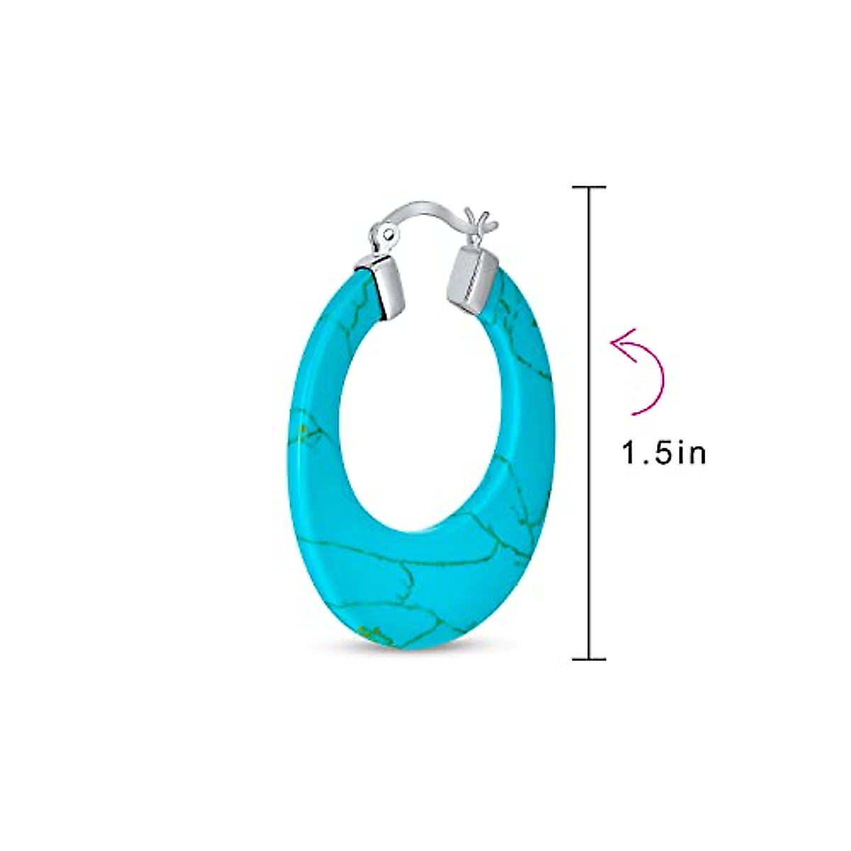 Wide Flat Blue Turquoise Gemstone Large Oval Hoop Earrings For Women Teen .925 Sterling Silver More Colors 1.5 Inch Diameter