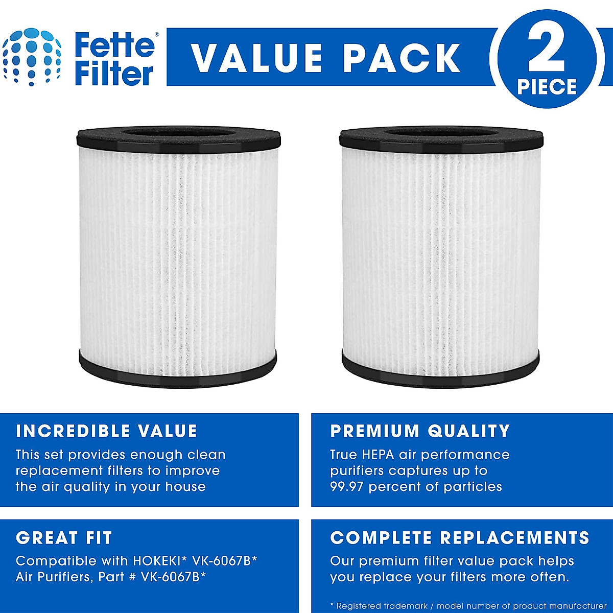 Fette Filter - VK-6067B H13 True HEPA Filters Compatible with HOKEKI VK-6067B & Vremi True Hepa Air Purifiers H13 with Activated Carbon- Pack of 2 (VK6067B)
