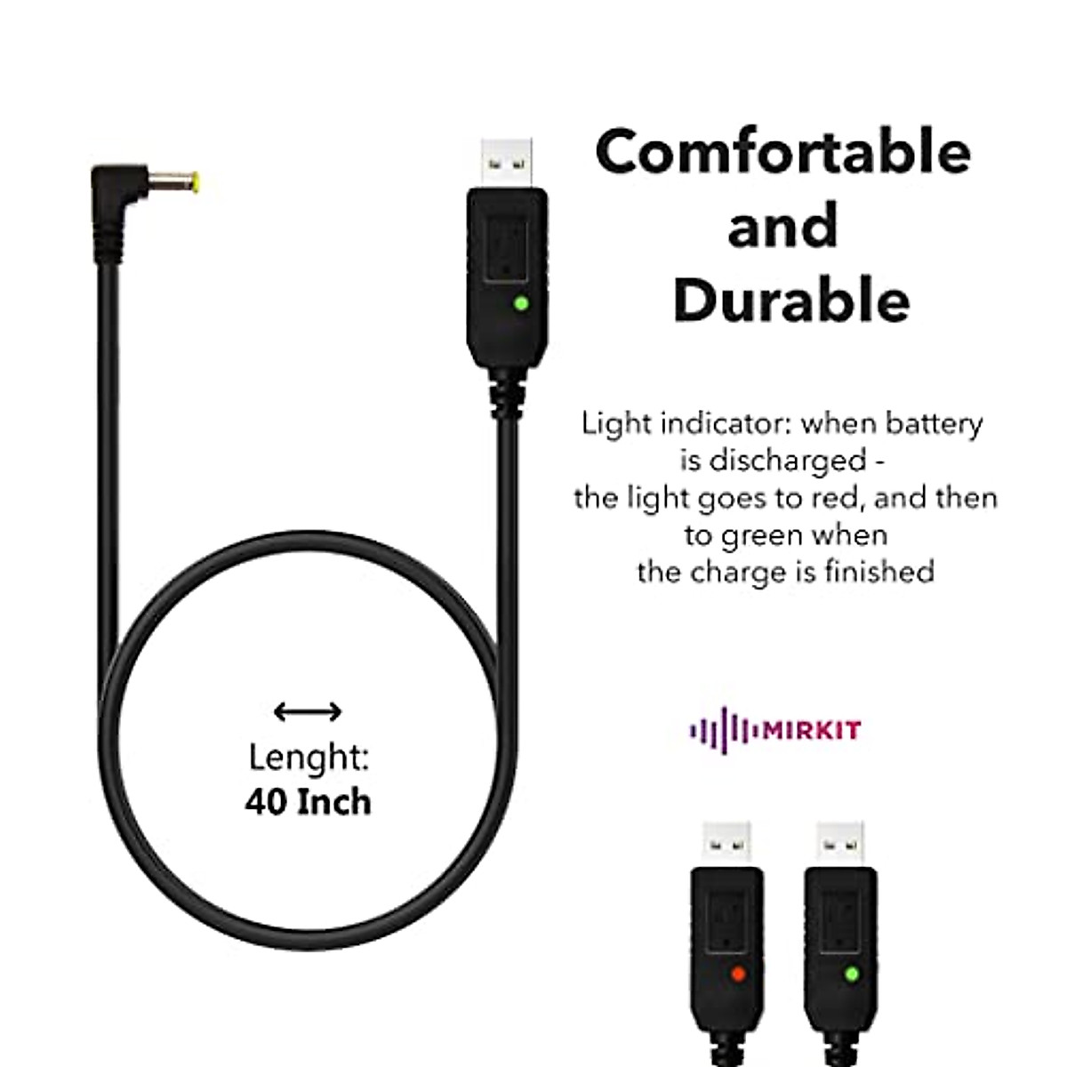 Mirkit 2.5mm USB Charger Cable with Light Indicator for Baofeng Battery UV-5R and UV-82 3800mAh BL-5L and BL-8 High Capacity Batteries for Two Way Radios
