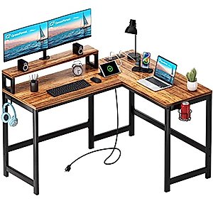 GreenForest L Shaped Desk with Power Outlets, 50.4 Inches Reversible Small Corner Computer Desk with Monitor Stand, Home Office Gaming Desk with Headphone Hook, Cup Holder, Walnut