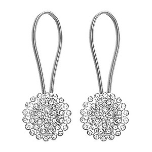 Lewondr Curtain tie Magnetic, 1 Pair Sparkling Crystal Flower Curtain Tieback Stretchy Curtain Buckle Clips Curtain Bind Stainless Spring Wire Magnetic Drapery Holder - Silver