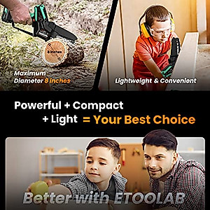 ETOOLAB [Ultimate Safety] Mini Chainsaw Set, 580W Easy Cutting Power, Patent Chain Design, Electric Cordless Handheld Chain Saw [Include 2 Lithium Batteries, 2 Exclusive Chains to Replace]