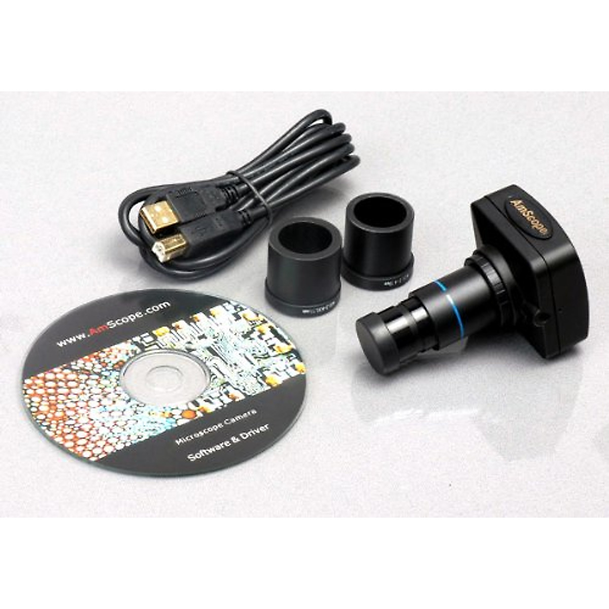 AmScope T360B-5M Digital Trinocular Compound Microscope, 40X-2000X Magnification, WF10x and WF20x Eyepieces, Brightfield, LED Illumination, Abbe Condenser, Double-Layer Mechanical Stage, Includes 5MP Camera with Reduction Lens and Software