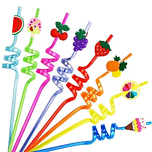 Ynaize 8 Pieces Resuable Plastic Straws Ice Cream Fruit Party Straws Kids Girls Boys Summer Hawaiian Party Supplies Crazy Straws Birthday Party Favors Decorations