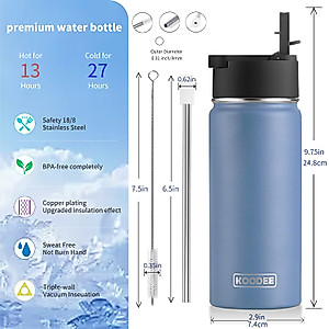 koodee 16 oz Water Bottle for Kids Stainless Steel Double Wall Vacuum Insulated Wide Mouth Flask with Leakproof Straw Lid (Royal Blue)