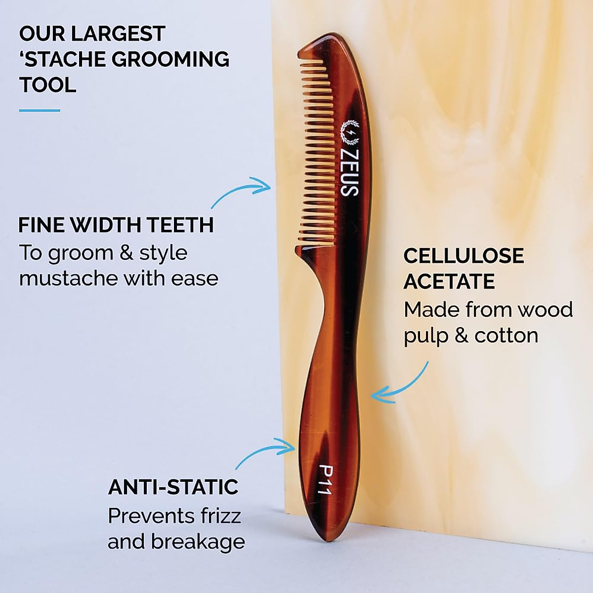 ZEUS Large Mustache Comb, Long Handle Handmade Saw Cut Mustache Comb for Men (Traditional) P11