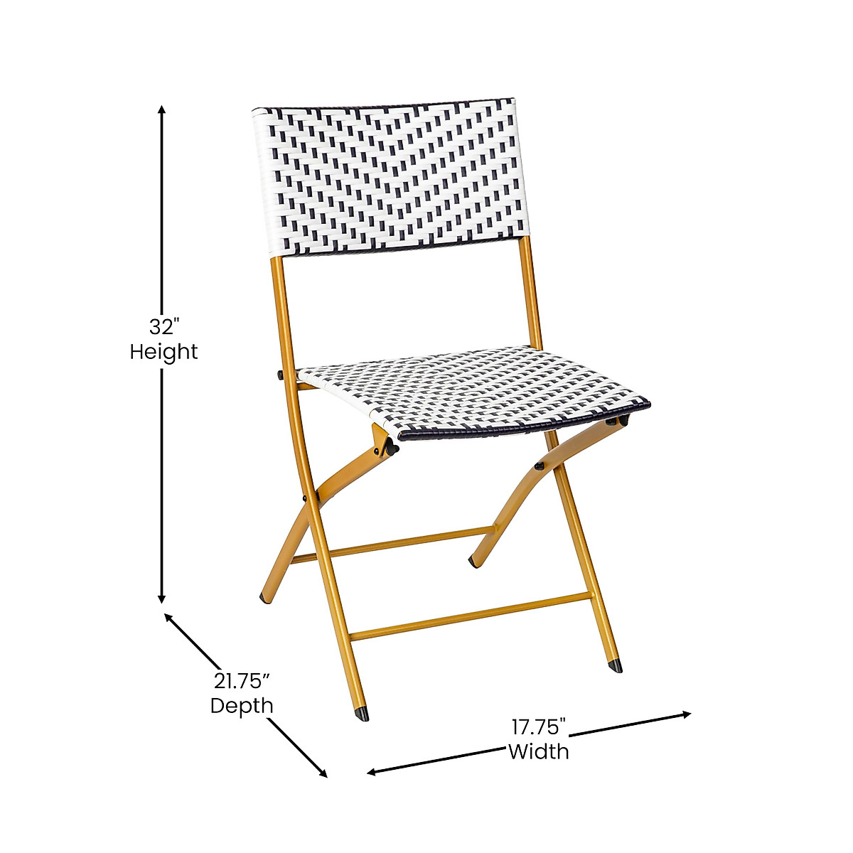 EMMA + OLIVER Ciel Two Piece Folding Bistro Chairs - Navy and White PE Rattan - Natural Finish Metal Frames - Indoor/Outdoor Use