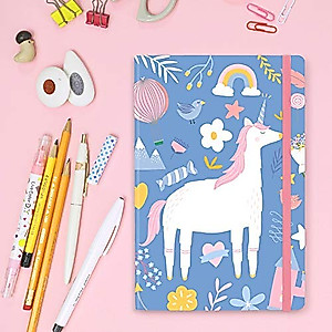 RICCO BELLO Wide Ruled Hardcover Diary Journal Notebook for Kids, Tweens - Bookmark, 5.7 x 8.4 Inches,192 Pages, (Blue Unicorn)