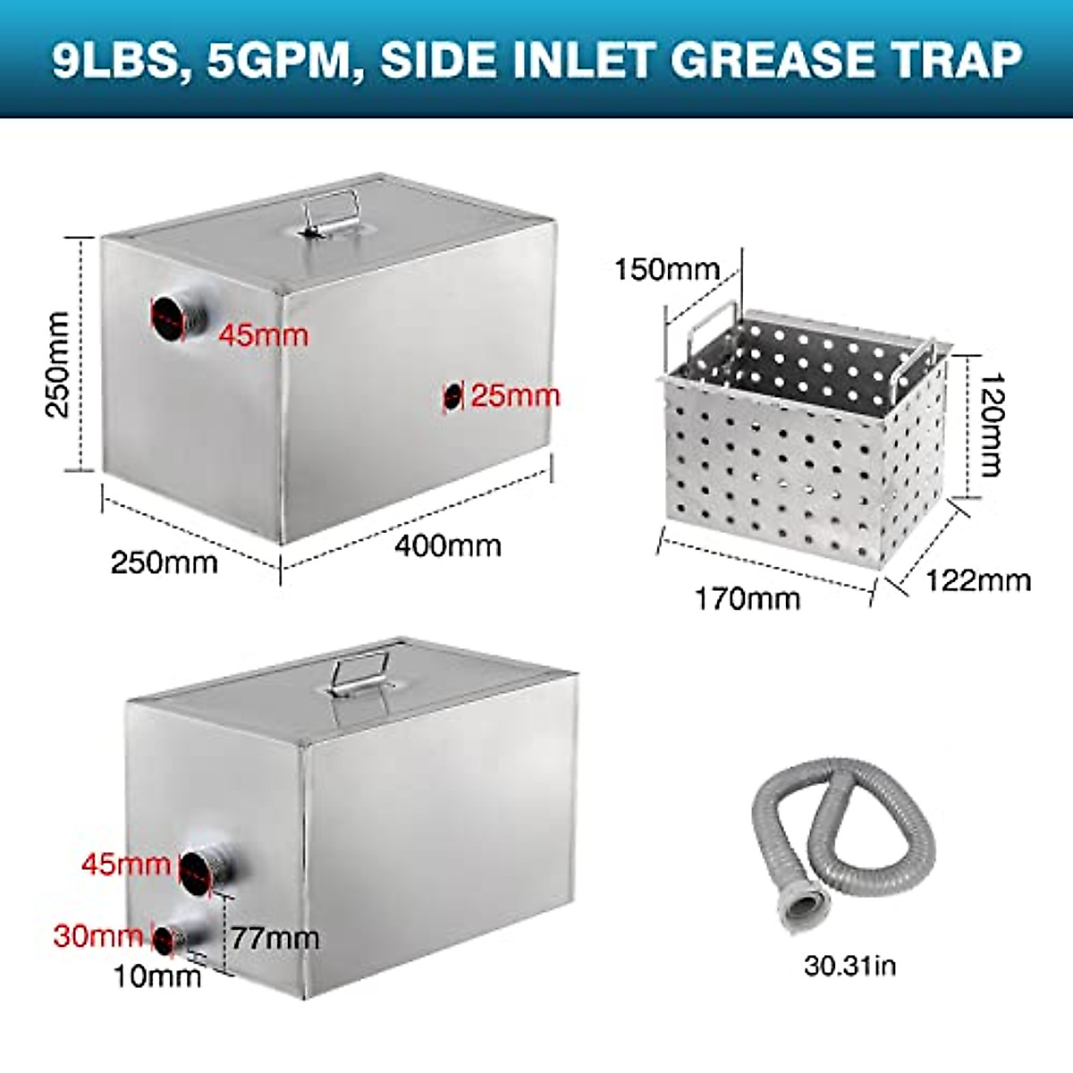 IRONWALLS 9LBS 5GPM Commercial Grease Traps Interceptor, Side Inlet Stainless Steel Grease Interceptor, Under Sink Grease Trap Oil-Water Separator for Home Kitchen, Restaurant, Cafe, Factory