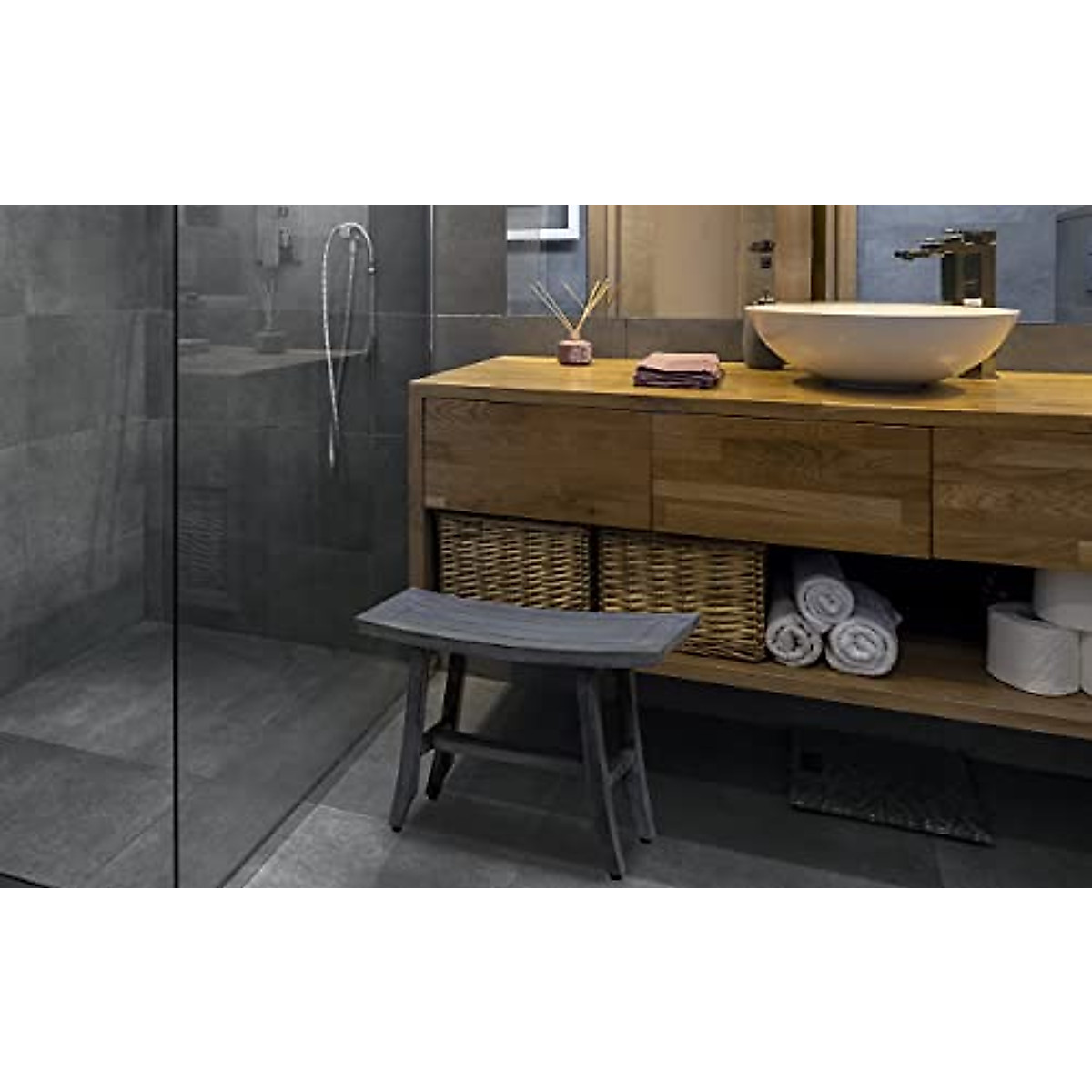CoastalVogue Teak Wood Satori Shower Bench Teak Shower Stool with Curved Seat 24" Long Wooden Seat Shower Bench in Antique Gray Finish