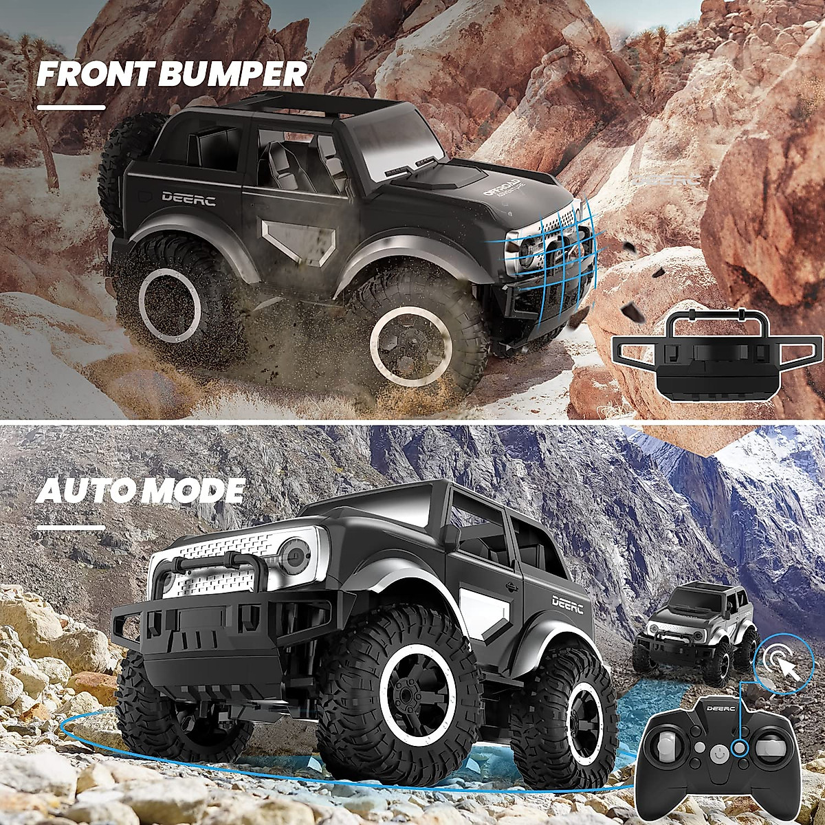 DEERC Remote Control Jeep Car with Realistic Headlight & Taillight, 160 Mins Play SUV Vehicle with Spare Tire, 2.4Ghz 1:18 All-Terrain Monster Trucks for Boys, Off-Road RC Trucks Gift for Kids