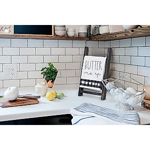 GenMous 3 Tiered Tea Towel Ladder with Cute Kitchen Sign for Farmhouse Kitchen Counter Decor, Rustic Torched Wood Hand Towel Stand, Hanging Bathroom Decorative Mini Ladder Kitchen Towel Rack Black