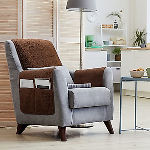 3 Pcs Recliner Covers Sherpa Arm Covers for Recliner Chair with Storage Pockets Headrest Cover for Recliner Chair 22.8 x 14.5 Inch Armchair Slipcovers for Sofa Recliner Protector (Brown)