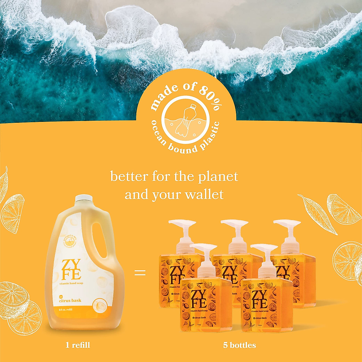 ZYFE Vitamin Hand Soap Refill - Liquid Hand Soap - Natural Plant Derived Moisturizing Handsoap with Essential Oil Fragrance Citrus Bask - Soft Hand Wash for Kitchen & Bathroom - Lush Soft Soap 64oz