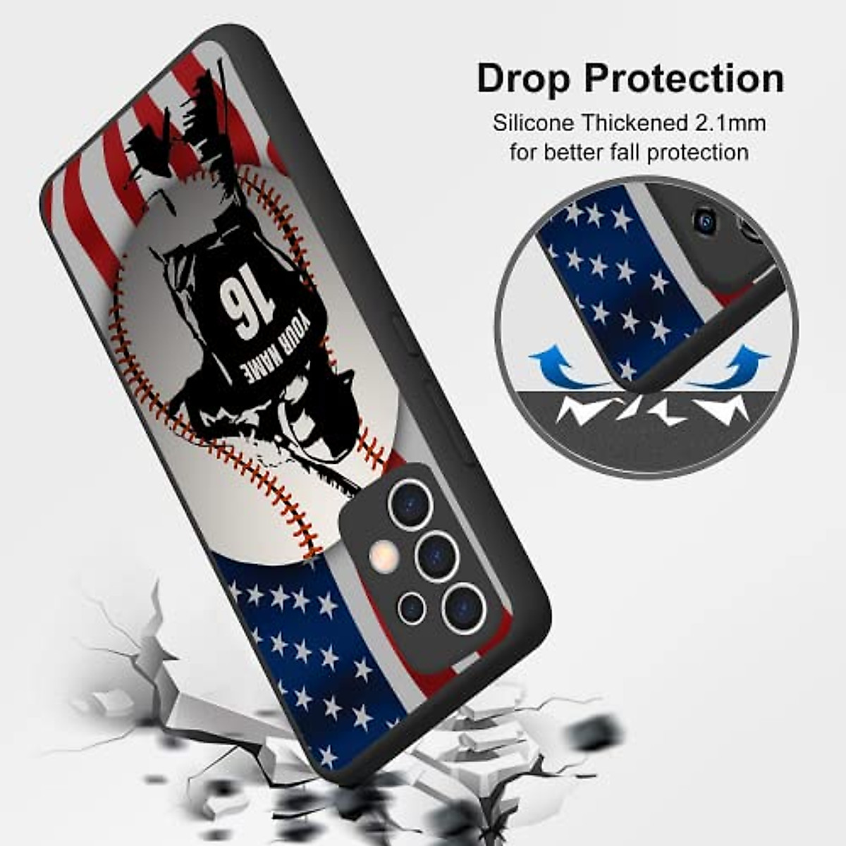 Personalized Baseball Player Name Number America Flag Design Rubber Cover Phone Case for Samsung Galaxy A53 5G/A03S/A02S/A10E/A12/A13/A32/A33/A42/A51/A52/A71 Custom Baseball Phone case