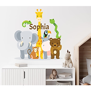 Custom Name Jungle Animals Wall Decal - Baby Safari Zoo Animals Series Theme Wall Art Decal - Wall Decal for Nursery Bedroom playroom Decoration (Wide 16"x16" Height)