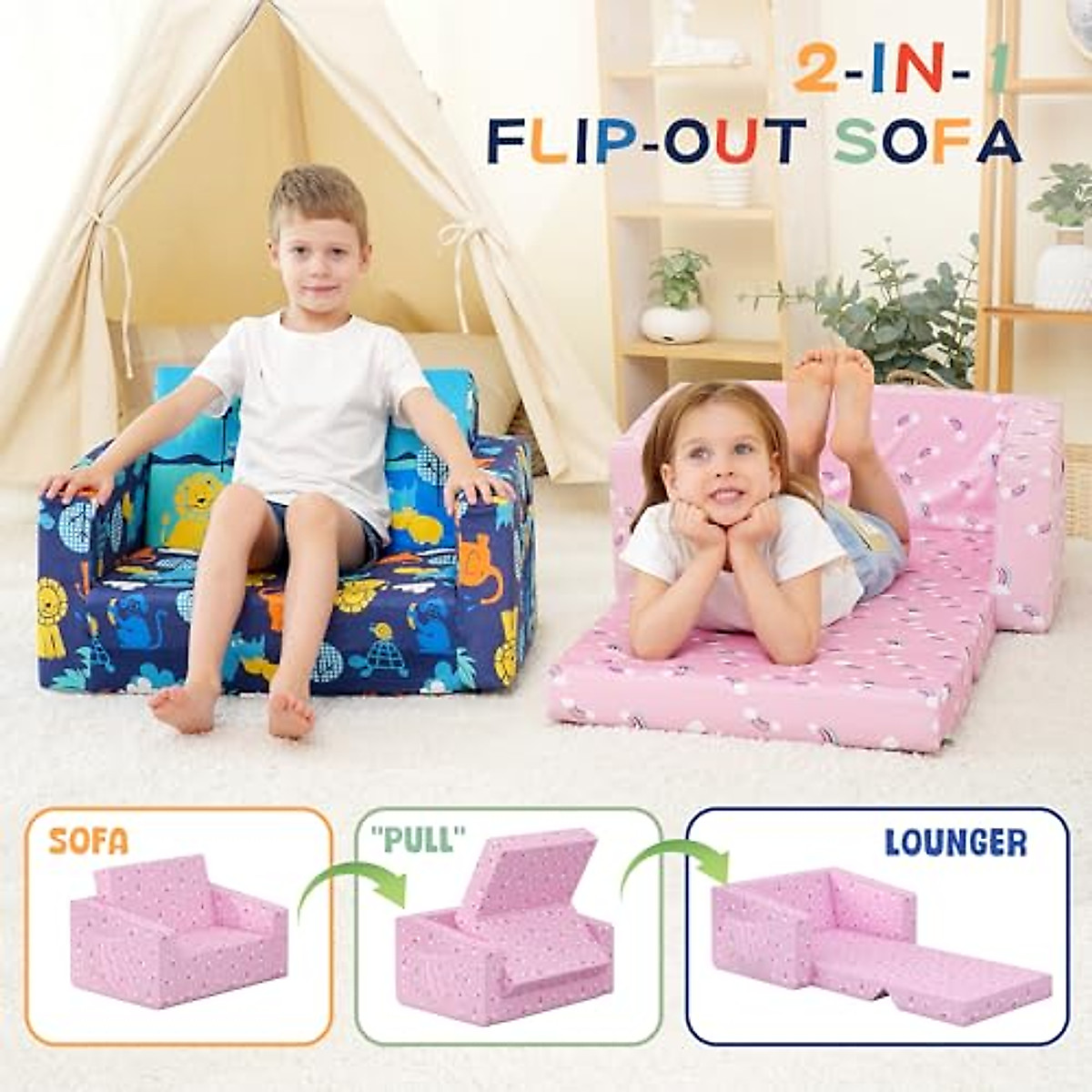 MallBest Kids Sofas Toddler Couch Bed Baby's Upholstered Chair Sleepover Couch Flipout Open Recliner(Pink/Rainbow)