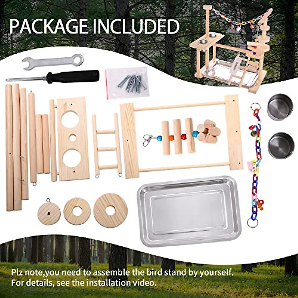 QBLEEV Parrot Playstand Bird Play Stand Cockatiel Playground Wood Perch Gym Playpen Ladder with Feeder Cups Toys Exercise Play (Include a Tray) (16" L*10" W*15" H)