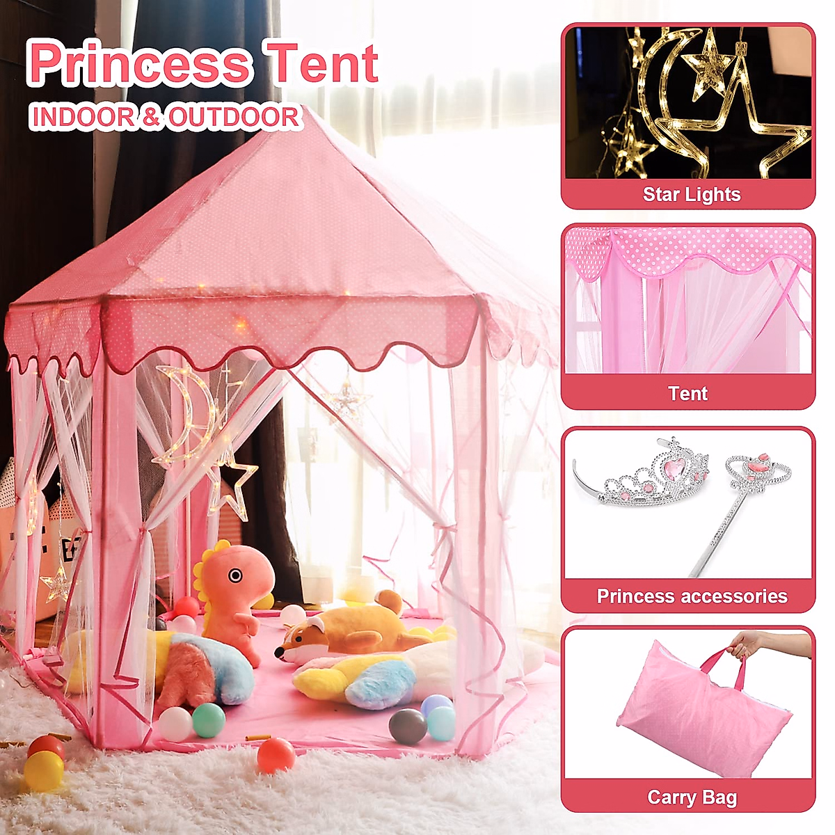 TOY Life Princess Castle Tents for Girls Princess Playhouse Tent with Lights Princess Tiara and Wand 55" x 53" Tents for Kids Princess Play Tent Indoor & Outdoor Games for Girls Birthday Gift