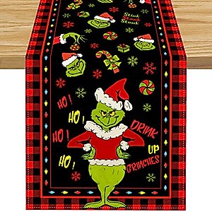 FARMNALL Linen Red Christmas Table Runner Merry Christmas Tablecloth Christmas Xmas Buffalo Plaid Check Winter Holiday Home Kitchen Dining Room 13x90 Inch