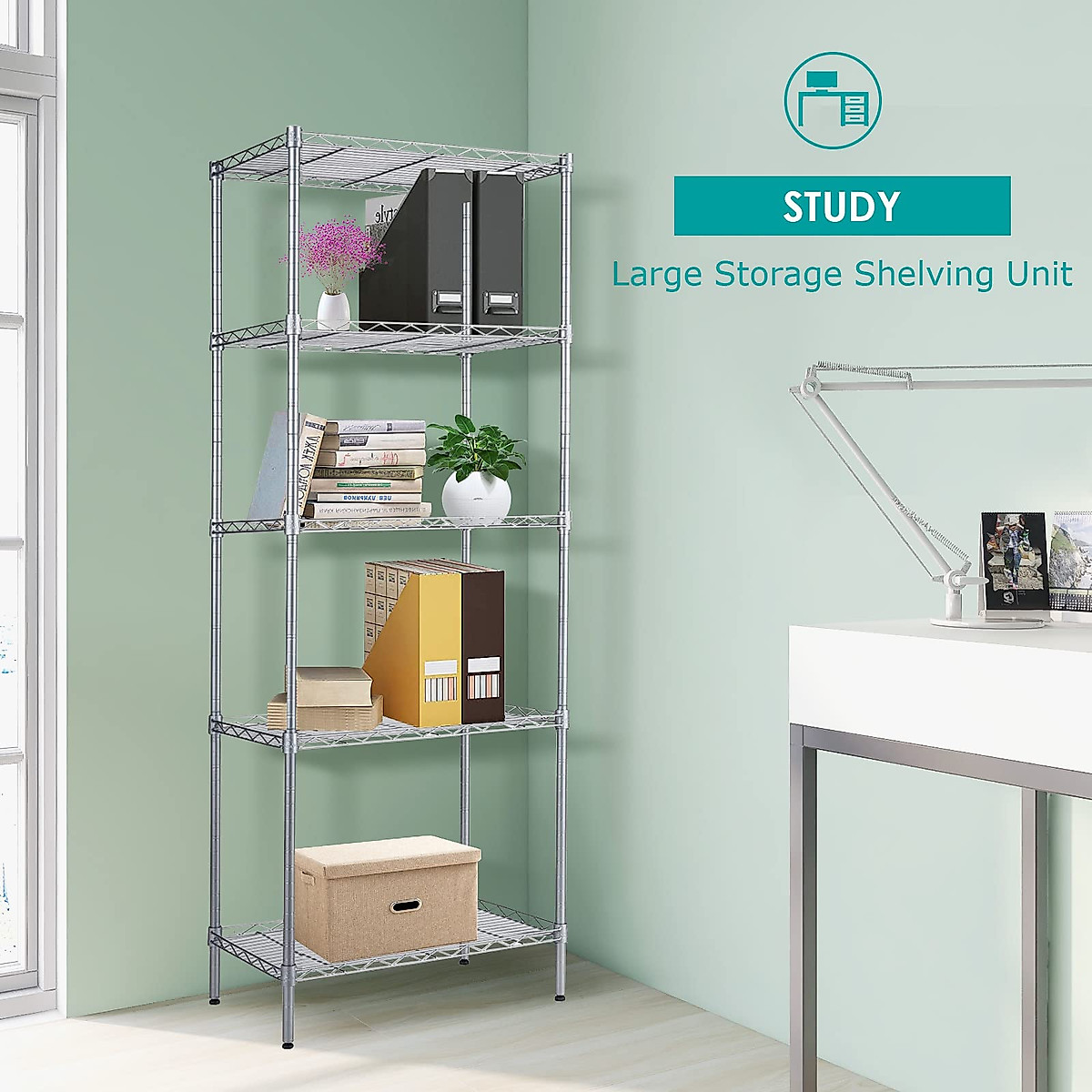 BNSPLY 5 Tier Wire Shelving Unit, Adjustable Wire Rack Shelving, Changeable Metal Wire Storage Shelves for Kitchen, Laundry, Bathroom, Balcony, Pantry (11.4" D x 21.3" W x 59" H, Silver)