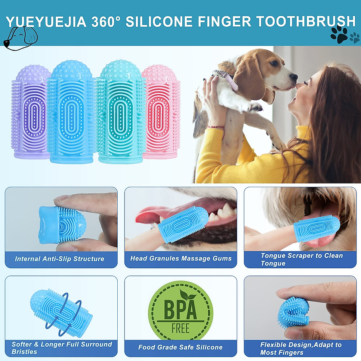 YUEYUEJIA Dog Toothbrush Finger Toothbrush Dog Tooth Brushing Kit Dog Finger Toothbrush for Dog Teeth Cleaning Dog Dental Care Dog Tooth Brush (Green, 1 Count (Pack of 4))