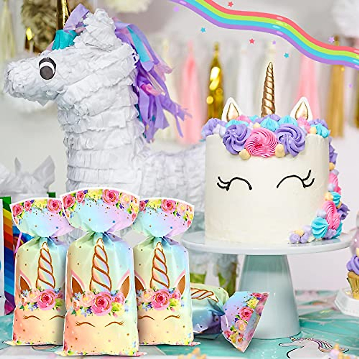 Zonon 100 Pieces Unicorn Cellophane Treat Bags, Pink Rainbow Gold Unicorn Theme Candy Goodie Favor Bags with 100 Silver Twist Ties Party Favor Pastel Bags for Girls Birthday Baby Shower Supplies