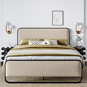 Allewie Queen Size Metal Bed Frame with Curved Upholstered Headboard and Footboard, Platform Bed Frame with Under Bed Storage, No Box Spring Needed, Vintage, Beige
