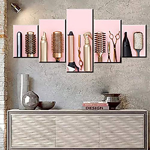 Beauty Salon Pictures for living Room Professional Haircut Tools Paintings 5 Panel Prints Canvas Wall Art Home Modern Decor Hair Accessories Artwork Giclee Framed Stretched Ready to Hang(50''Wx 24''H)