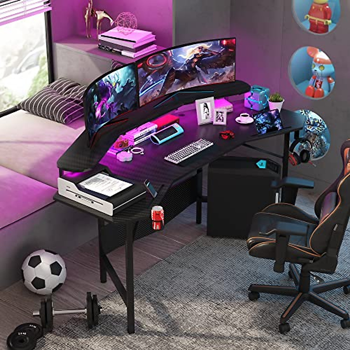 PAKASEPT Gaming Desk with Led Lights, 70.9” Large Wing-Shaped Desk ...