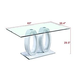 Henf 63" Contemporary Dining Table for 6, Tempered Glass Top Dining Room Table with High-Gloss Double Pedestal, Rectangle Dinner Table Kitchen Table Home Office Meeting Table (White)