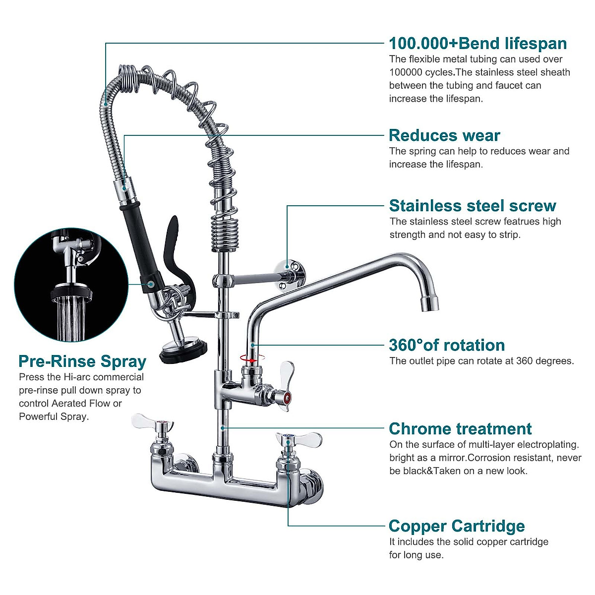 APLWY 25" Height Commercial Faucet with Sprayer, Commercial Sink Faucet 8" Adjustable Center 12" Swing Spout, Commercial Wall Mount Faucet with Pre-Rinse Sprayer for Restaurant Industrial (25In)