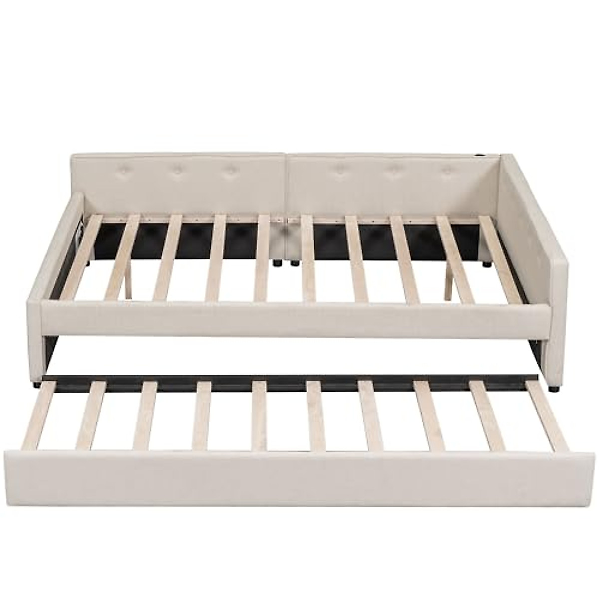 CABSETT Queen Size Upholstered Platform Bed with Trundle, Wood Daybed Frame Sofa Bed with USB for Bedroom Living Room Guest Room, Wood Slat Support, Space Saving Design, Beige